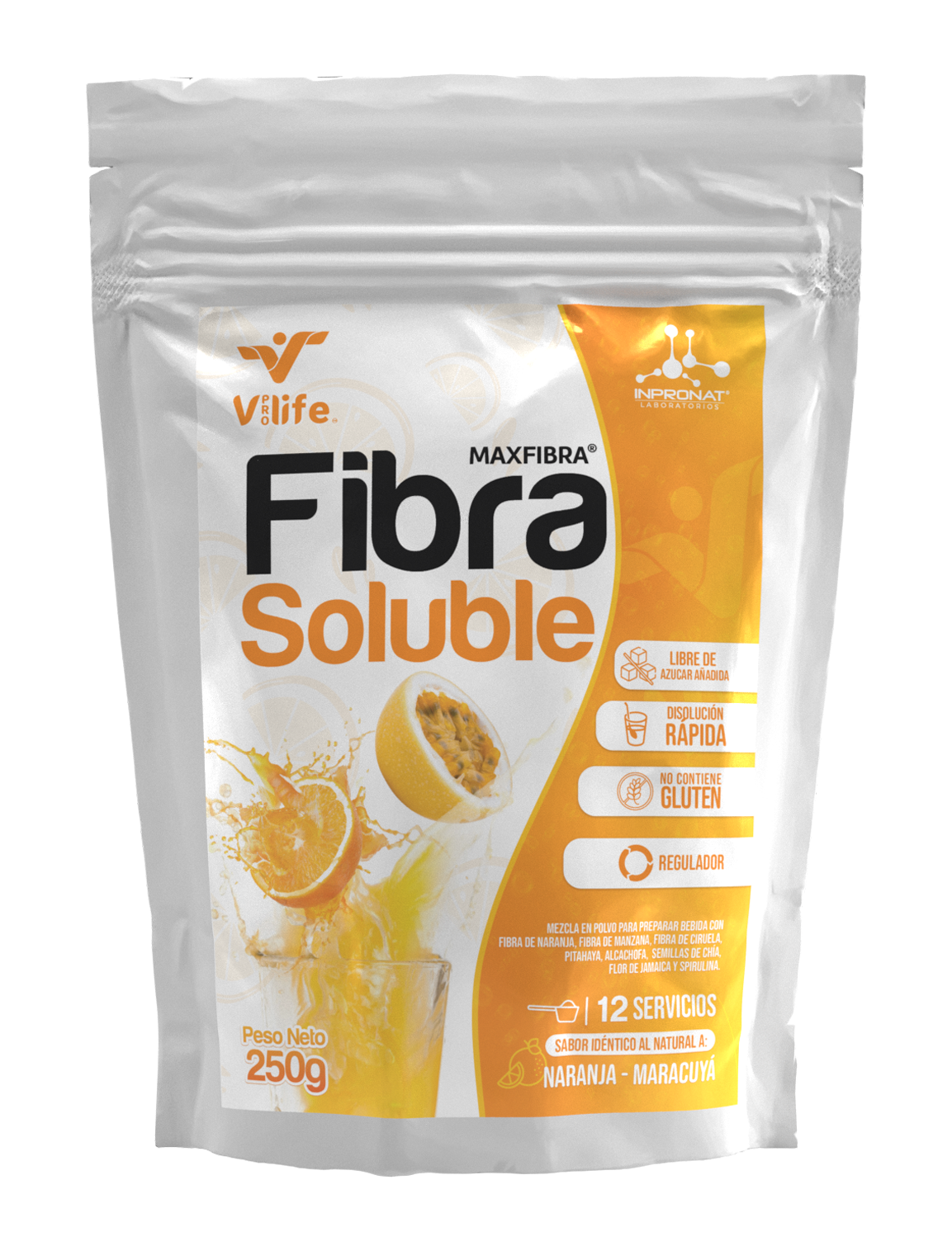 FIBRA SOLUBLE – (Sabor Naranja – Maracuyá) CONTENIDO NETO 600g – Vprolife